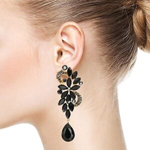 LARGE AND LONG Art Deco Black Rhinestone Crystal Cluster Chandelier Floral Teardrop Dangle Statement Earrings