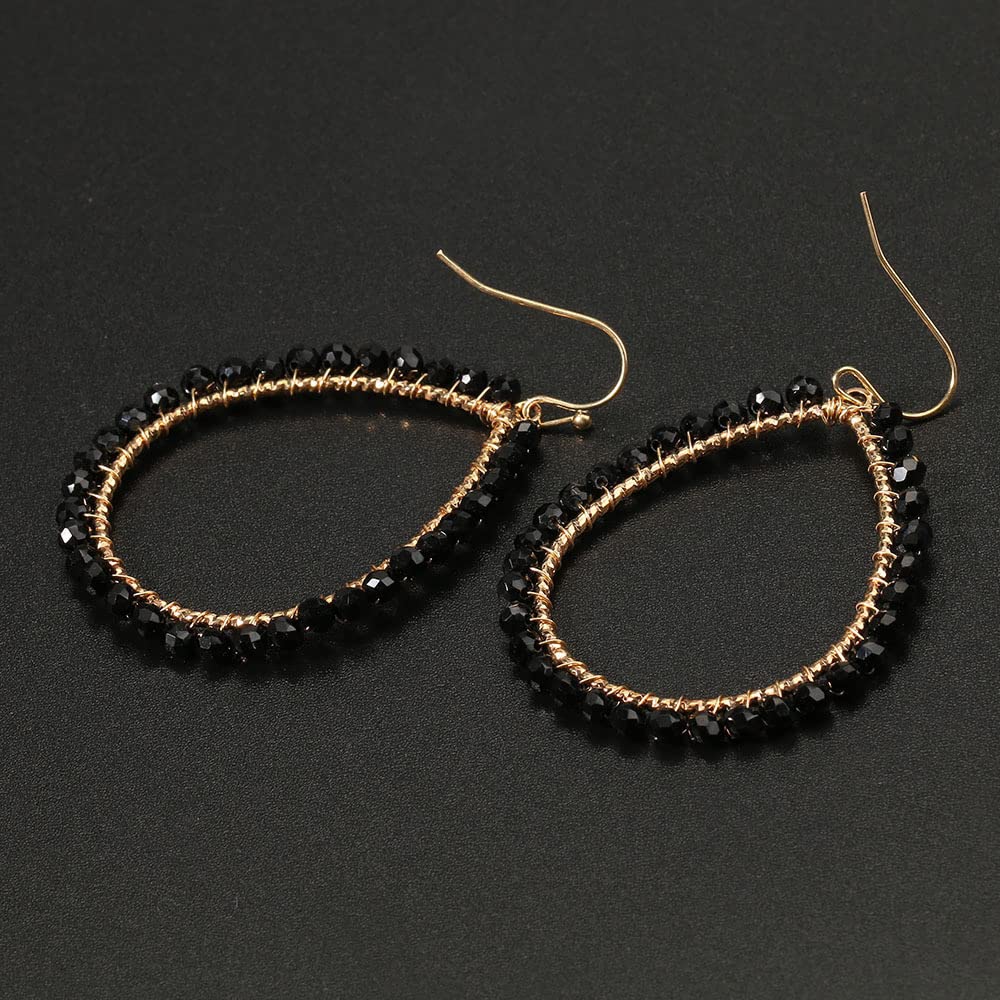 Bohemian Boho Beaded Teardrop Dangle Drop Earrings Hollow Sparkly Crystal Gold Wire Wrapped Crystal Earrings for Women Statement Jewelry-black