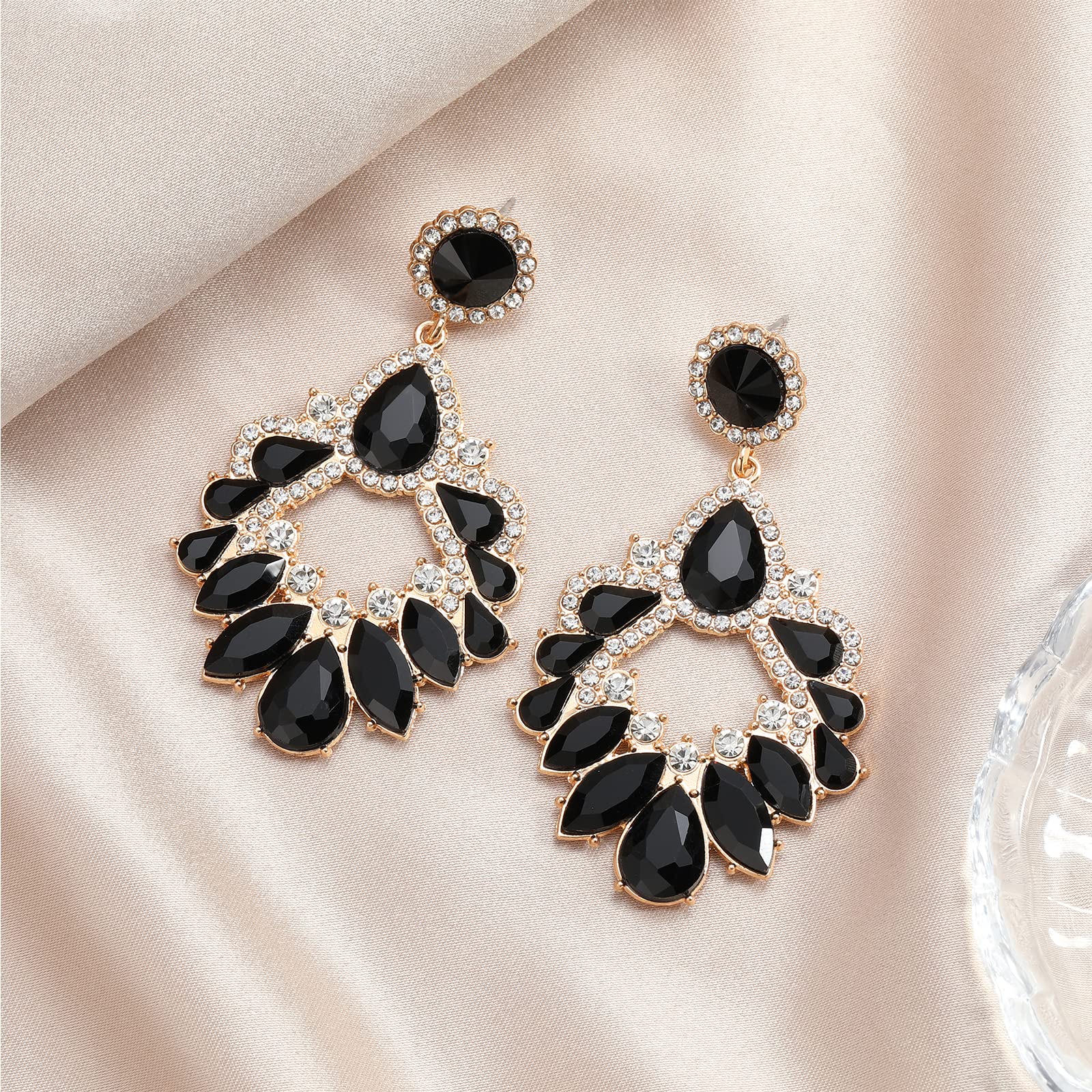 VANGETIMI Black Fashion Rhinestone Statement Drop Dangle Earrings Large Colorful Crystal Chandelier Earrings for Women Bridal Wedding Party Prom