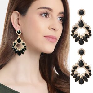 VANGETIMI Black Fashion Rhinestone Statement Drop Dangle Earrings Large Colorful Crystal Chandelier Earrings for Women Bridal Wedding Party Prom