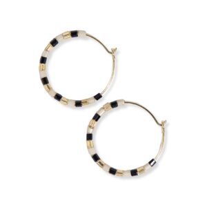 ink+alloy beaded mini boho hoop earrings for women, victoria mixed seed bead small hoops, handmade jewelry for the modern bohemian, 3/4-inch (black)