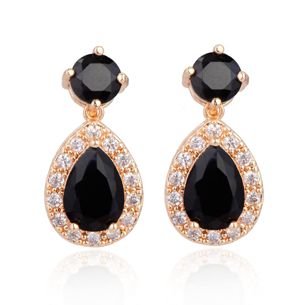 Gold Black CZ Teardrop Dangle Earrings for Women Small Sterling Silver Halo Round Pear Shaped Crystal Cubic Zirconia Birthstone Bridal Drop Earrings for Wedding Bride