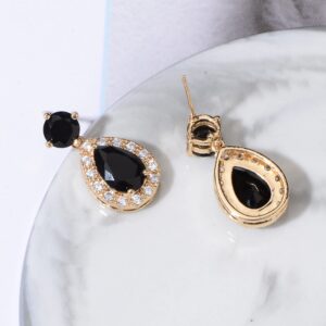 Gold Black CZ Teardrop Dangle Earrings for Women Small Sterling Silver Halo Round Pear Shaped Crystal Cubic Zirconia Birthstone Bridal Drop Earrings for Wedding Bride