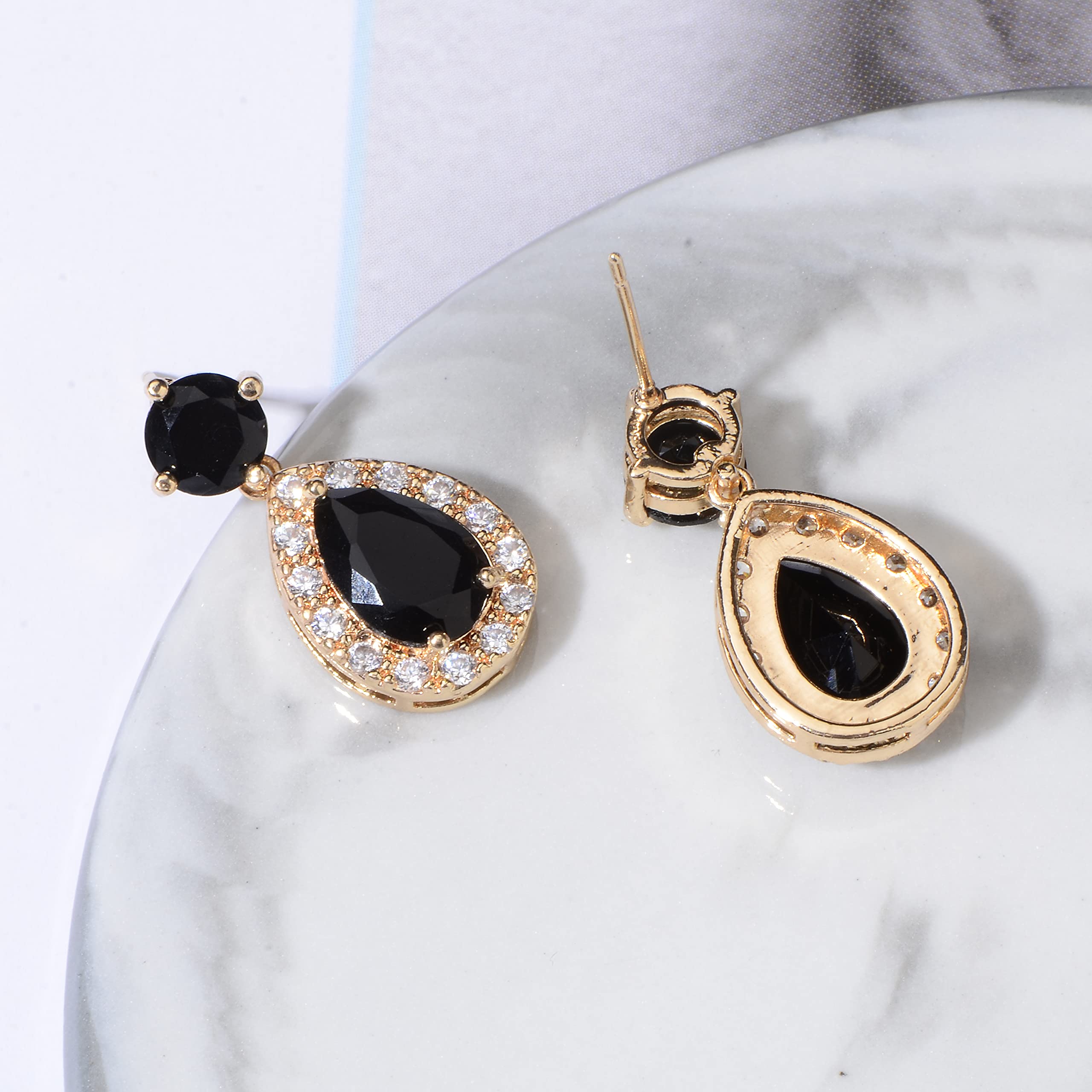 Gold Black CZ Teardrop Dangle Earrings for Women Small Sterling Silver Halo Round Pear Shaped Crystal Cubic Zirconia Birthstone Bridal Drop Earrings for Wedding Bride