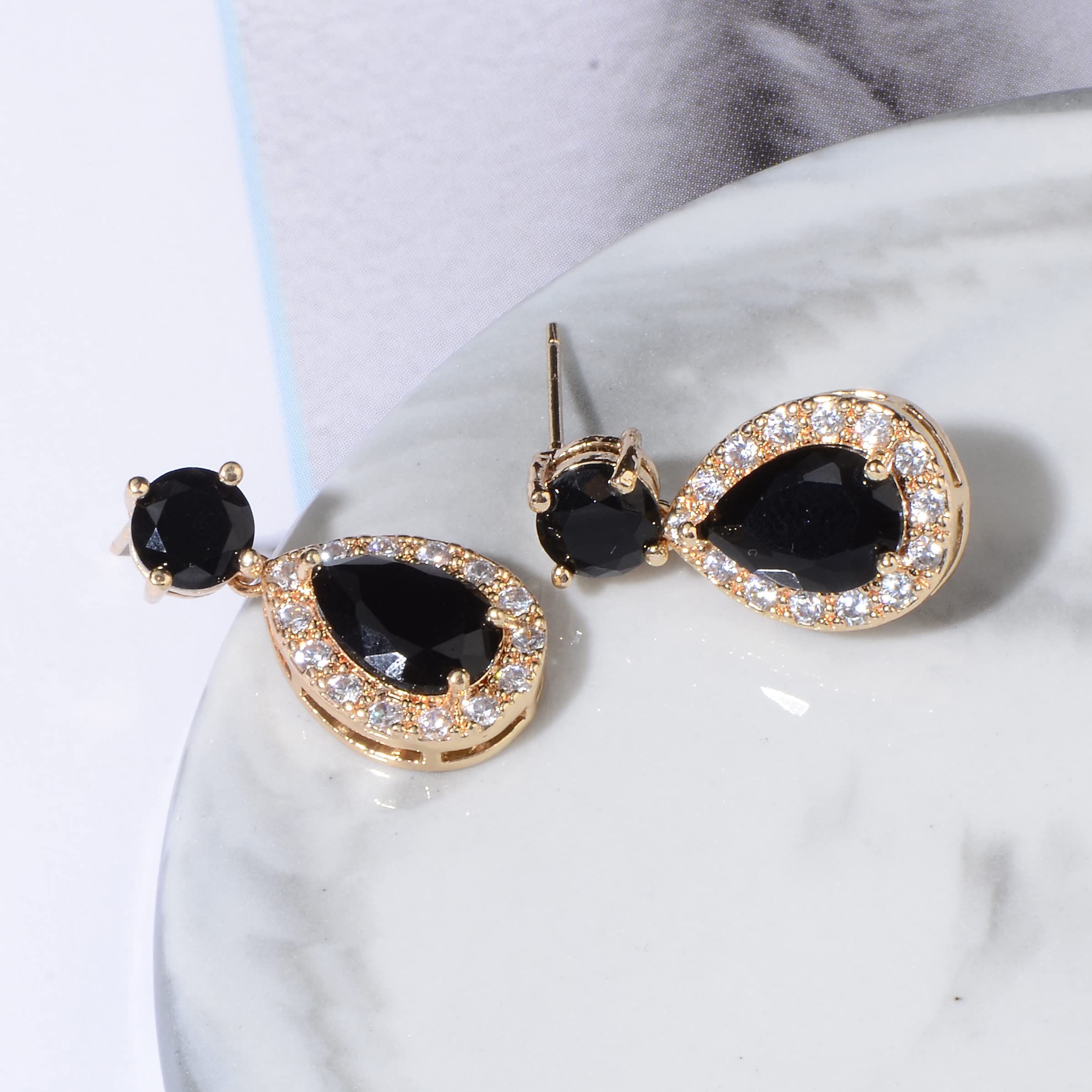 Gold Black CZ Teardrop Dangle Earrings for Women Small Sterling Silver Halo Round Pear Shaped Crystal Cubic Zirconia Birthstone Bridal Drop Earrings for Wedding Bride