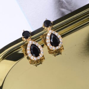 Gold Black CZ Teardrop Dangle Earrings for Women Small Sterling Silver Halo Round Pear Shaped Crystal Cubic Zirconia Birthstone Bridal Drop Earrings for Wedding Bride