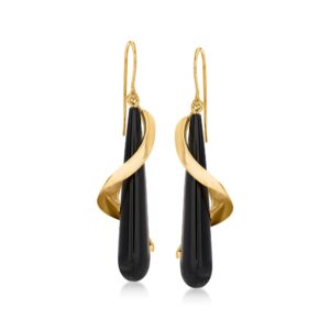 ross-simons elongated black onyx teardrop spiral earrings in 14kt yellow gold