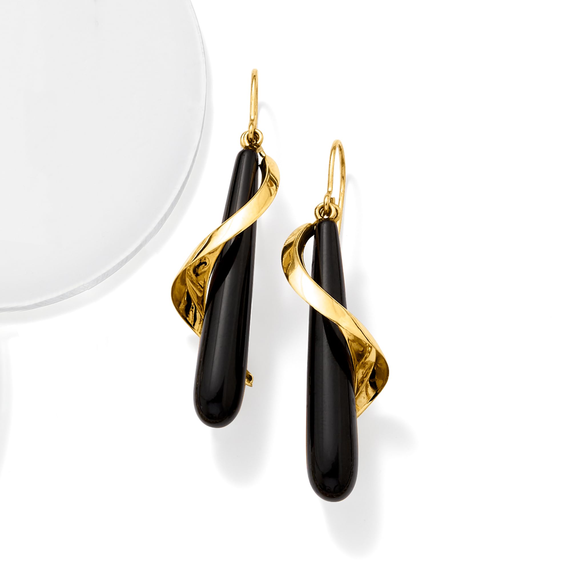 Ross-Simons Elongated Black Onyx Teardrop Spiral Earrings in 14kt Yellow Gold