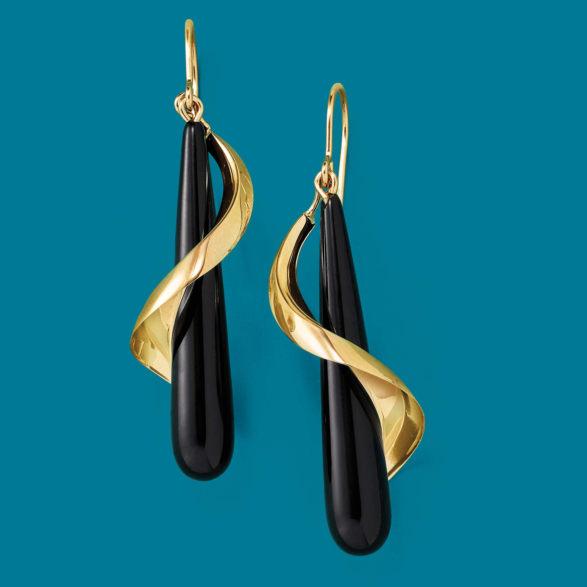 Ross-Simons Elongated Black Onyx Teardrop Spiral Earrings in 14kt Yellow Gold