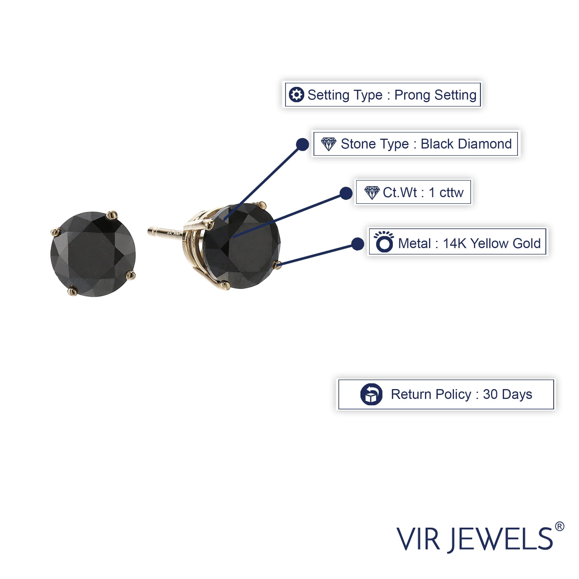 Vir Jewels 1 cttw Black Diamond Stud Earrings 14K Yellow Gold Round Push Backs 4 Prong Basket