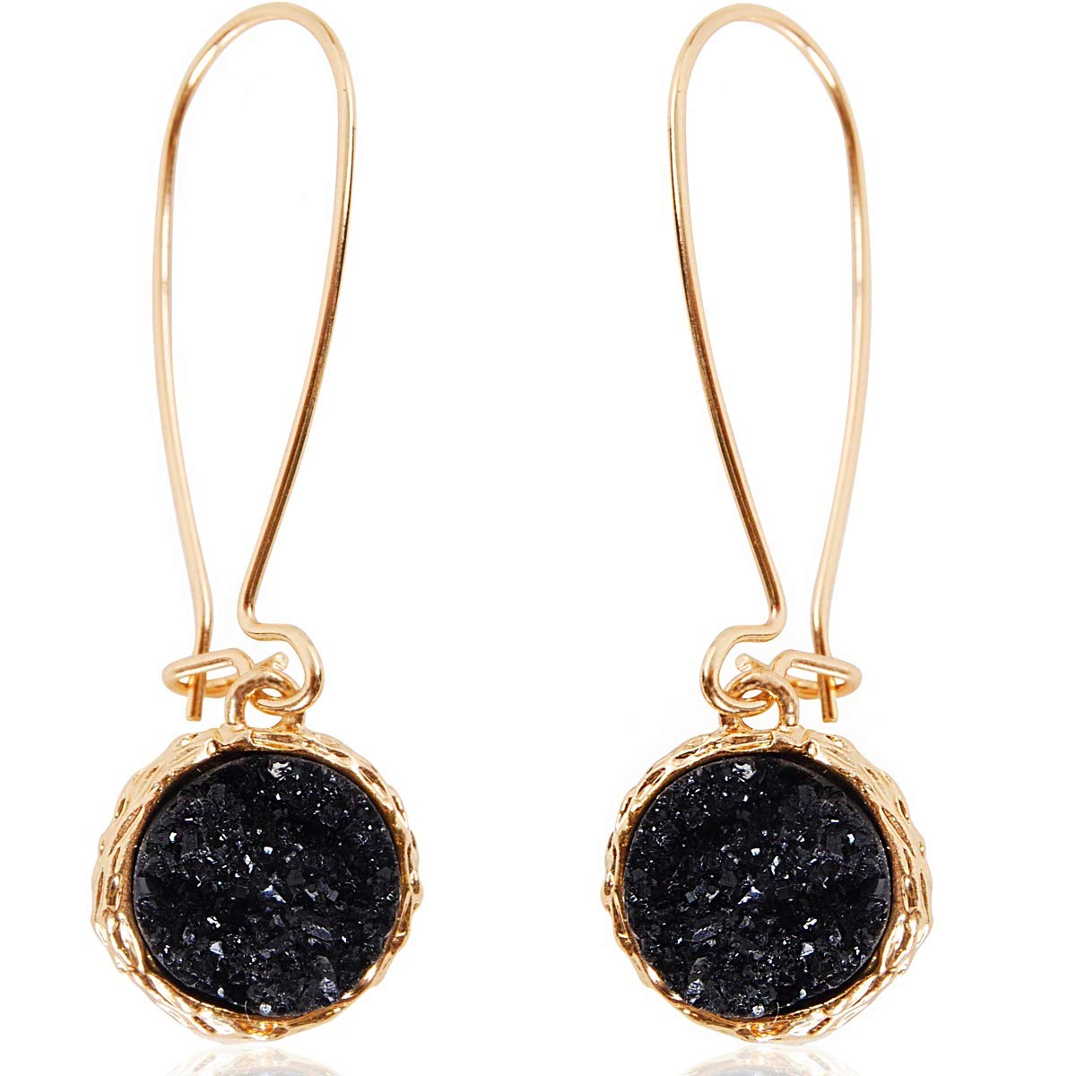 Gold and Black Earrings for Women Dangle - Black and Gold Earrings for Women, Black Dangle Earrings for Women, Gold Tone Black Drop Earrings for Women, Sparkly Simulated Black Druzy Earrings for Women