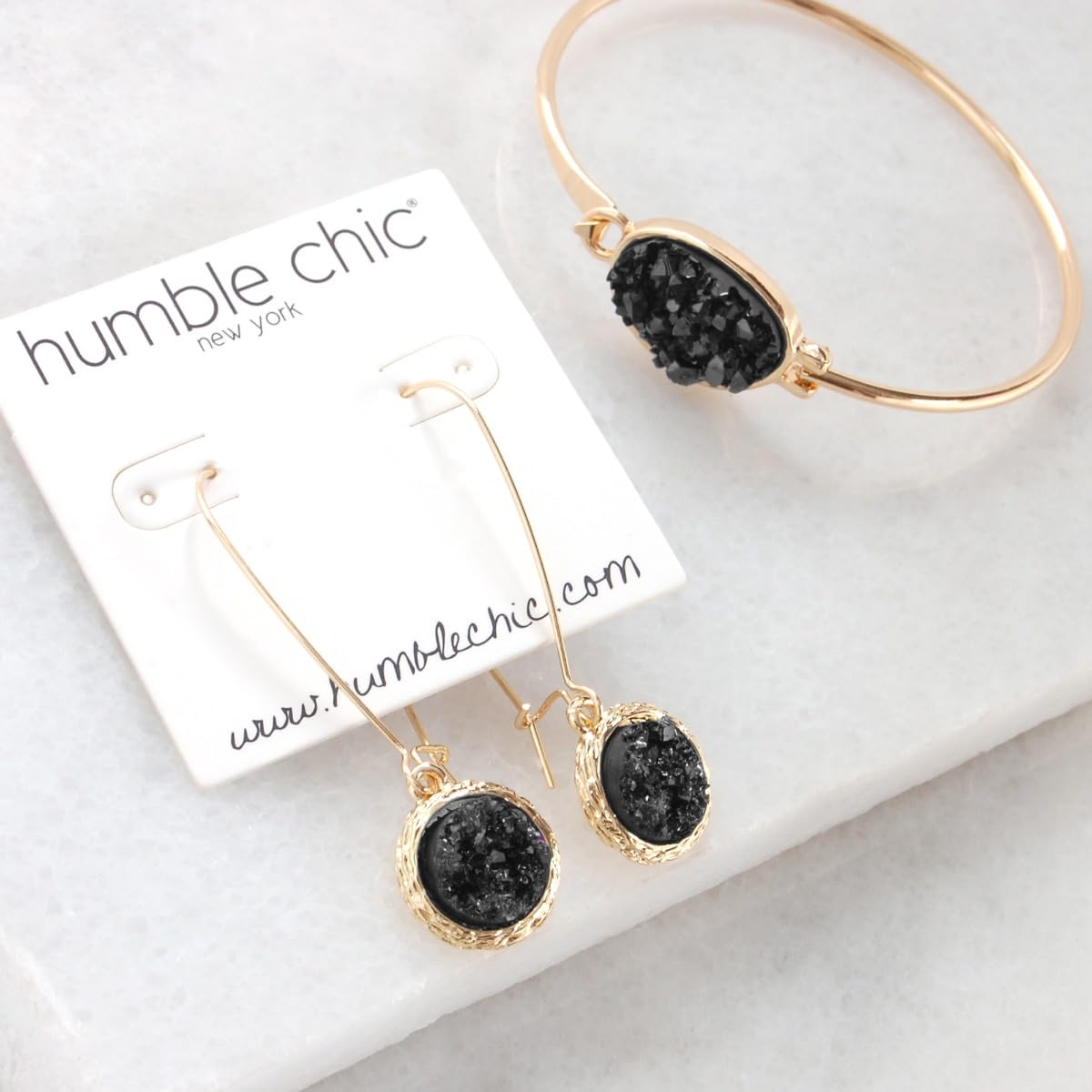 Gold and Black Earrings for Women Dangle - Black and Gold Earrings for Women, Black Dangle Earrings for Women, Gold Tone Black Drop Earrings for Women, Sparkly Simulated Black Druzy Earrings for Women