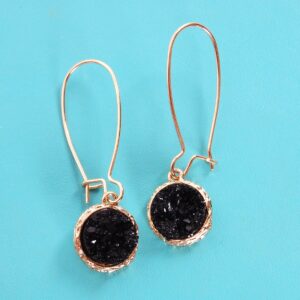 Gold and Black Earrings for Women Dangle - Black and Gold Earrings for Women, Black Dangle Earrings for Women, Gold Tone Black Drop Earrings for Women, Sparkly Simulated Black Druzy Earrings for Women