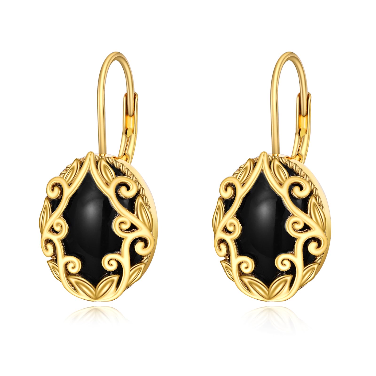 Black Earrings Sterling Silver Onyx Oval Leverback Earrings 18K Yellow Gold Plated Filigree Boho Dangle Earrings Jewelry Christmas Gifts for Women (Black onyx earrings)