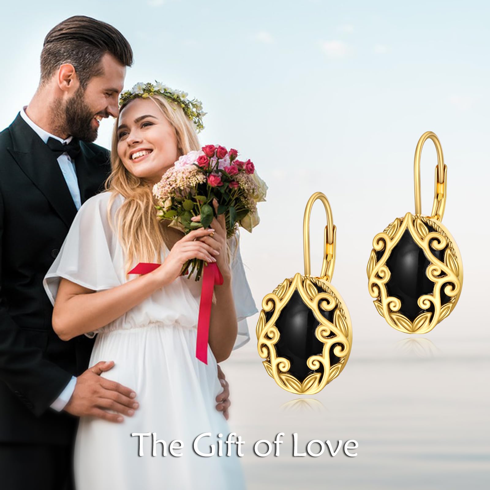 Black Earrings Sterling Silver Onyx Oval Leverback Earrings 18K Yellow Gold Plated Filigree Boho Dangle Earrings Jewelry Christmas Gifts for Women (Black onyx earrings)