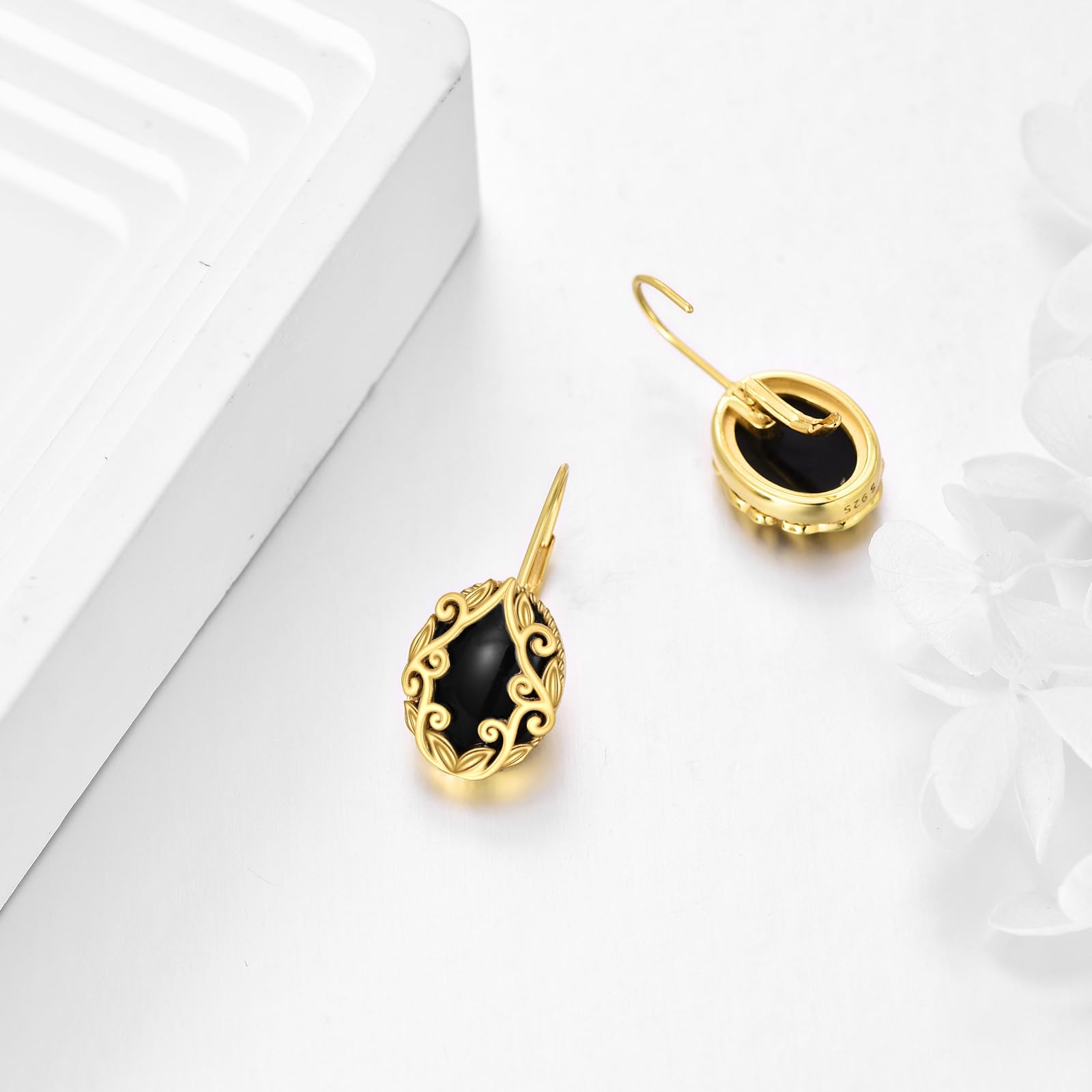 Black Earrings Sterling Silver Onyx Oval Leverback Earrings 18K Yellow Gold Plated Filigree Boho Dangle Earrings Jewelry Christmas Gifts for Women (Black onyx earrings)