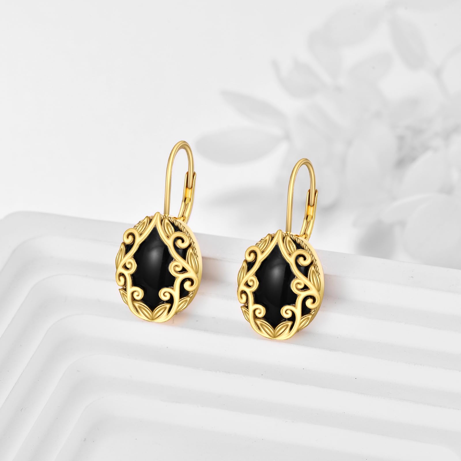 Black Earrings Sterling Silver Onyx Oval Leverback Earrings 18K Yellow Gold Plated Filigree Boho Dangle Earrings Jewelry Christmas Gifts for Women (Black onyx earrings)