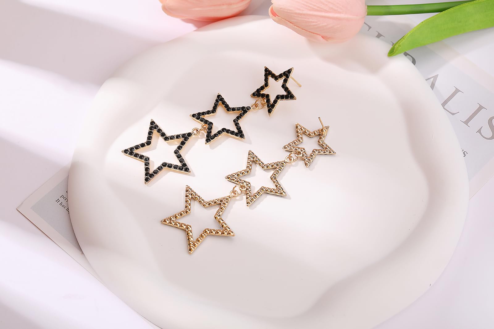 Tumhun Gold And Black Star Dangle Earrings Black Rhinestone Star Earrings Onxy Star Drop Earrings For Women Gift Birthday Valentine's Day Mother's Day (Black)