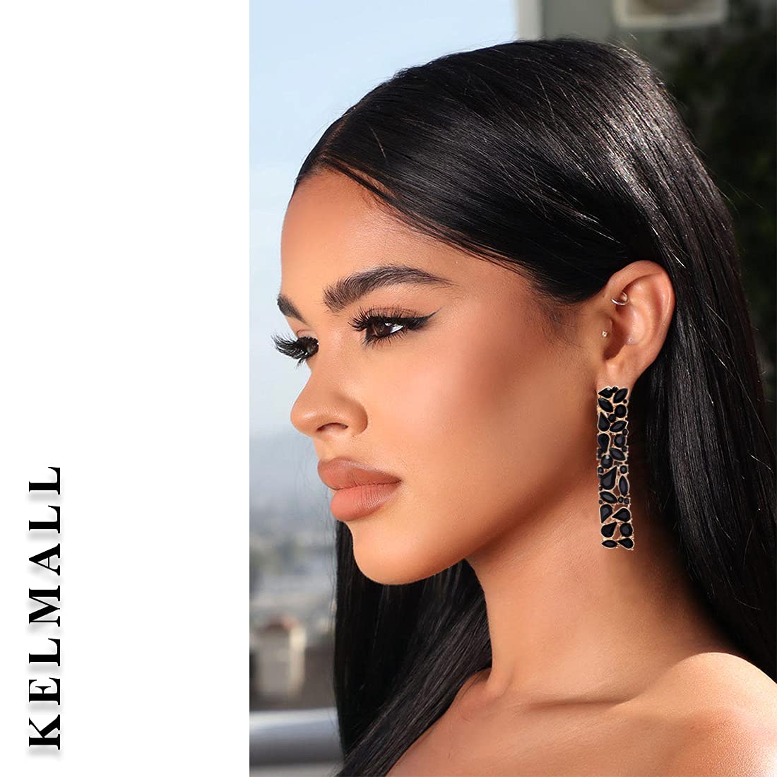 KELMALL Elegant Rhinestone Rectangle Earrings Trendy Crystal Geometric Drop Dangle Statement Earrings for Women