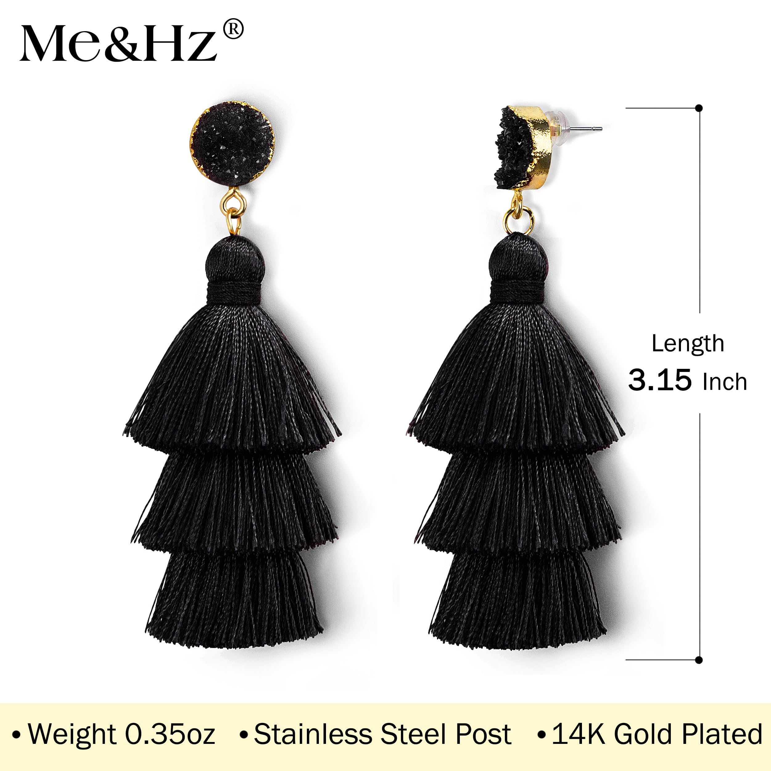 Me&Hz Black Tassel Earrings for Women Dangling Layered Fringe Long Tassel Dangle Black Earrings for Women Girls Bohemian Boho Statement Vintage Big Black and Gold Earrings Jewelry