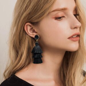 Me&Hz Black Tassel Earrings for Women Dangling Layered Fringe Long Tassel Dangle Black Earrings for Women Girls Bohemian Boho Statement Vintage Big Black and Gold Earrings Jewelry