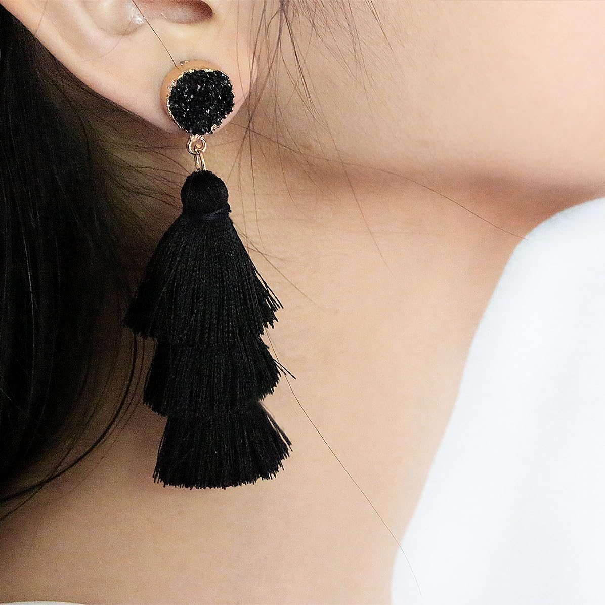 Me&Hz Black Tassel Earrings for Women Dangling Layered Fringe Long Tassel Dangle Black Earrings for Women Girls Bohemian Boho Statement Vintage Big Black and Gold Earrings Jewelry