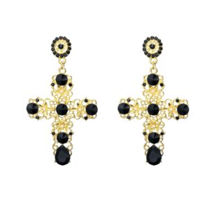 vintage rhinestone cross earrings fashion colorful crystal cross dangle earrings big baroque cross drop earrings gothic cross earrings for women (black)