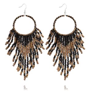 doreenbow long beaded tassel black earrings boho hoop beaded dangle earrings handmade seed bead earrings black and gold fringe drop earrings for women and girls