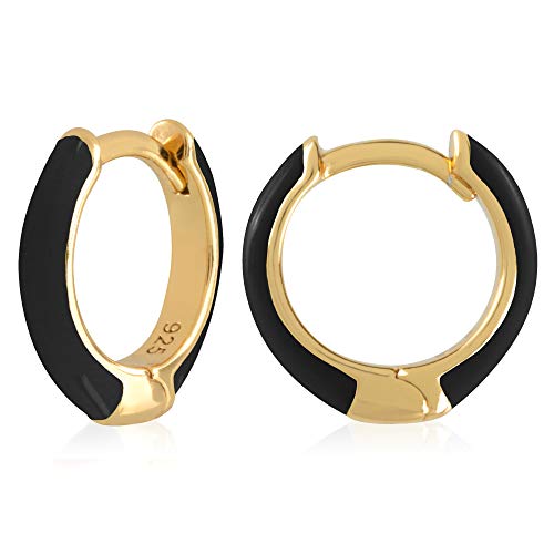 14K Gold Plated Sterling Silver Enamel Color Huggie Hoop Earrings for Women – Black Enamel