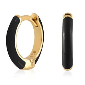 14K Gold Plated Sterling Silver Enamel Color Huggie Hoop Earrings for Women – Black Enamel