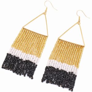 handmade beaded tassel earrings - statement seed bead earrings, boho beaded fringe drop earrings for women (triangle gold black)