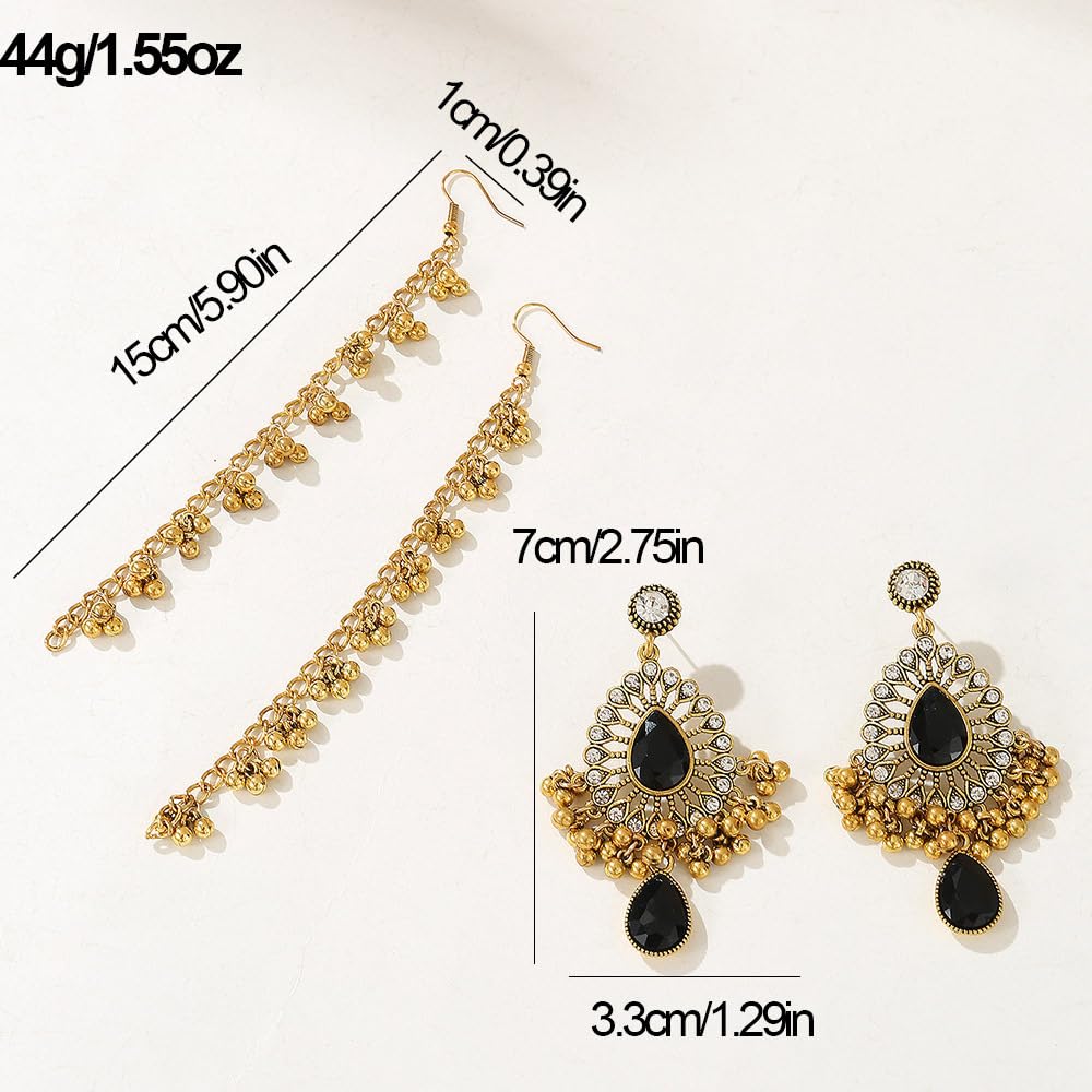 Chargances Vintage Idian Black Crystal Bollywood Tribal Earrings Boho Bells Beaded Designer Jewelry Chandelier Earrings Gold Ethnic Jhumka Jhumki Earrings for Women(Style 1)