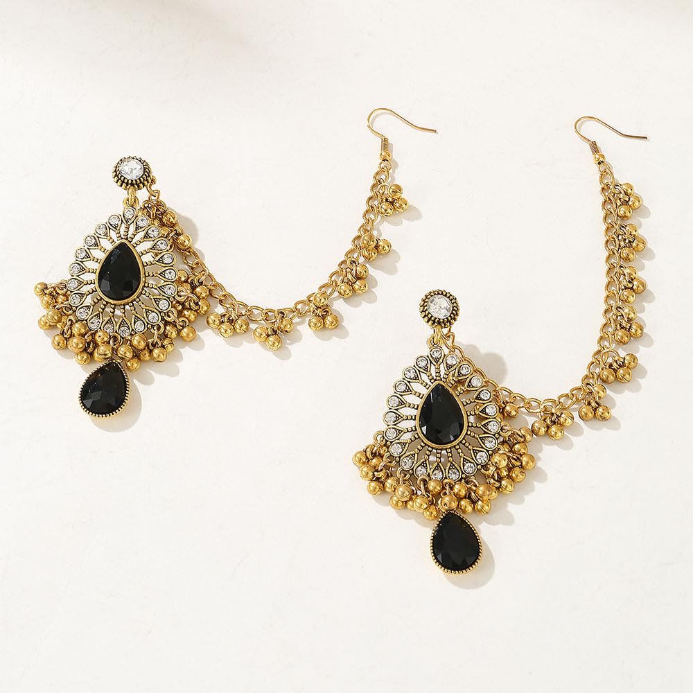 Chargances Vintage Idian Black Crystal Bollywood Tribal Earrings Boho Bells Beaded Designer Jewelry Chandelier Earrings Gold Ethnic Jhumka Jhumki Earrings for Women(Style 1)