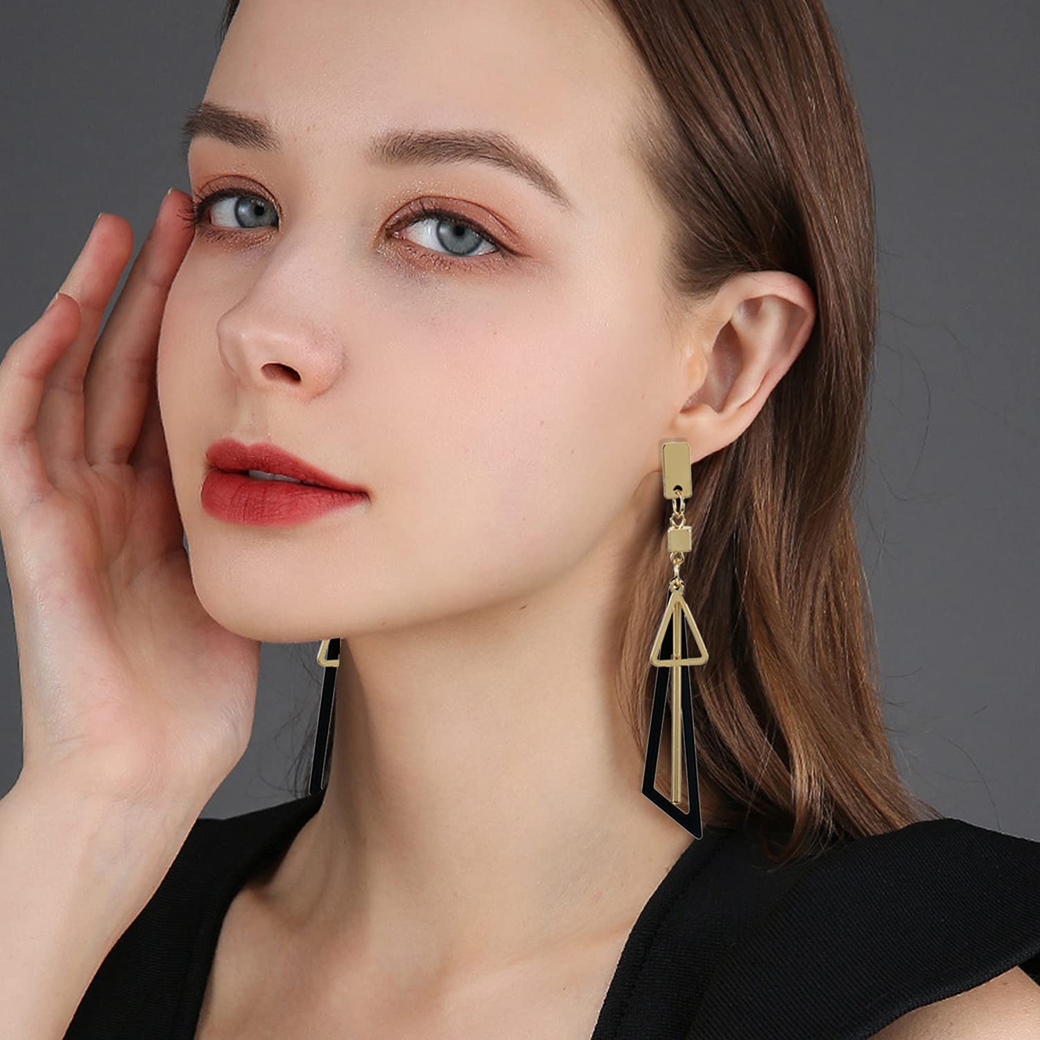 KaFu Fashion Simple Metal Triangle Dangle Earrings Vintage multilayer Geometric Dangle Drop Earrings Lightweight Statement Earrings for Women (black)