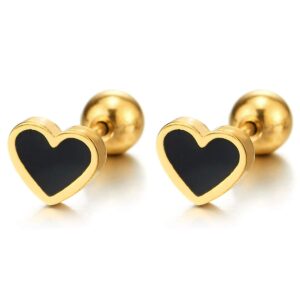 stainless steel pair womens tiny gold color flat heart stud earrings with black enamel, screw back