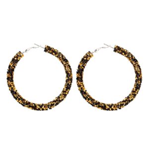 Bohemian Shiny Glitter Sequins Hoop Earrings Wrapped Gold Plated Circle Statement Rhinestone Dangle Drop Earrings for Women Boho Jewelry-rhinestone black gold