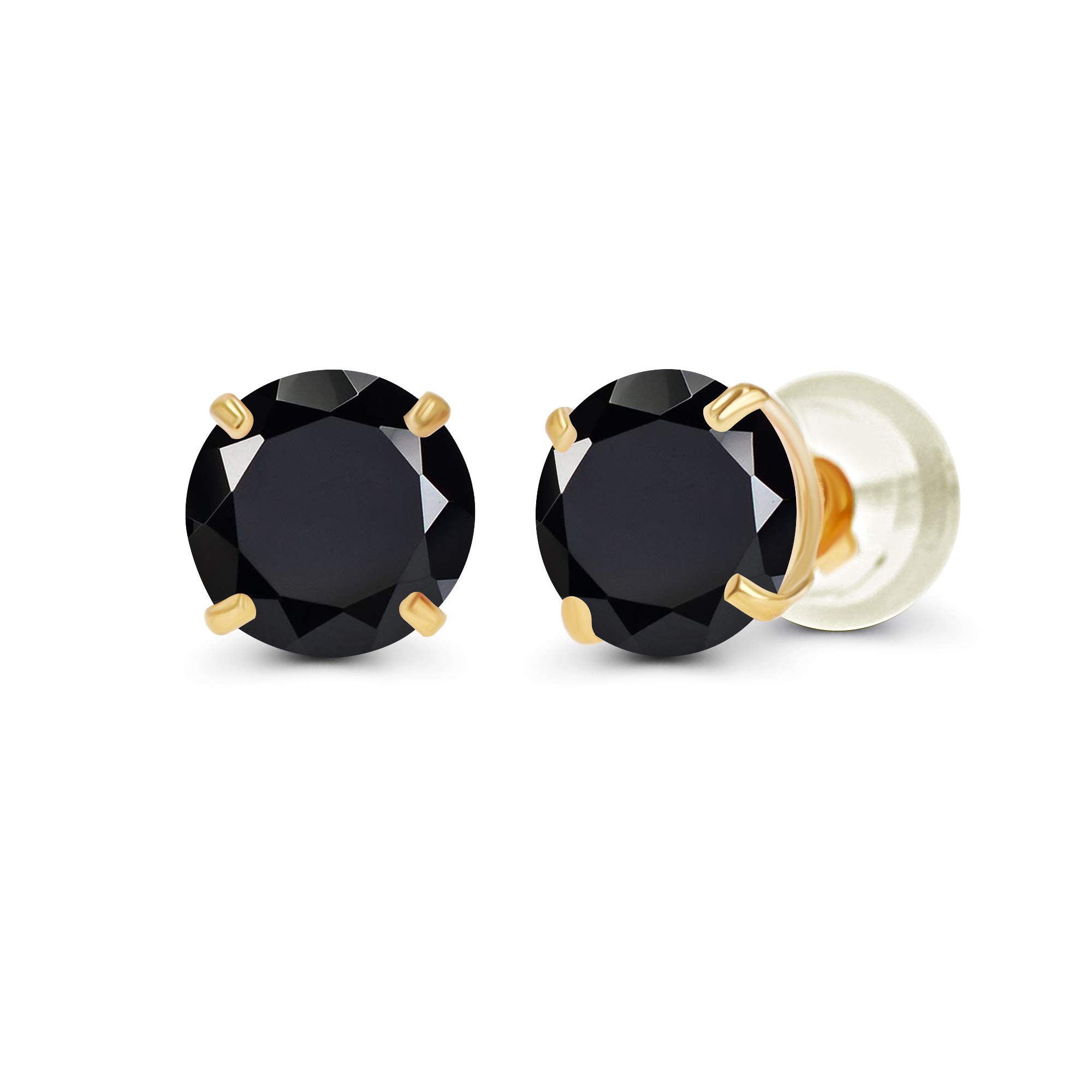 14K Solid Yellow Gold 6mm Round Natural Black Onyx Birthstone Prong Set Stud Earrings For Women