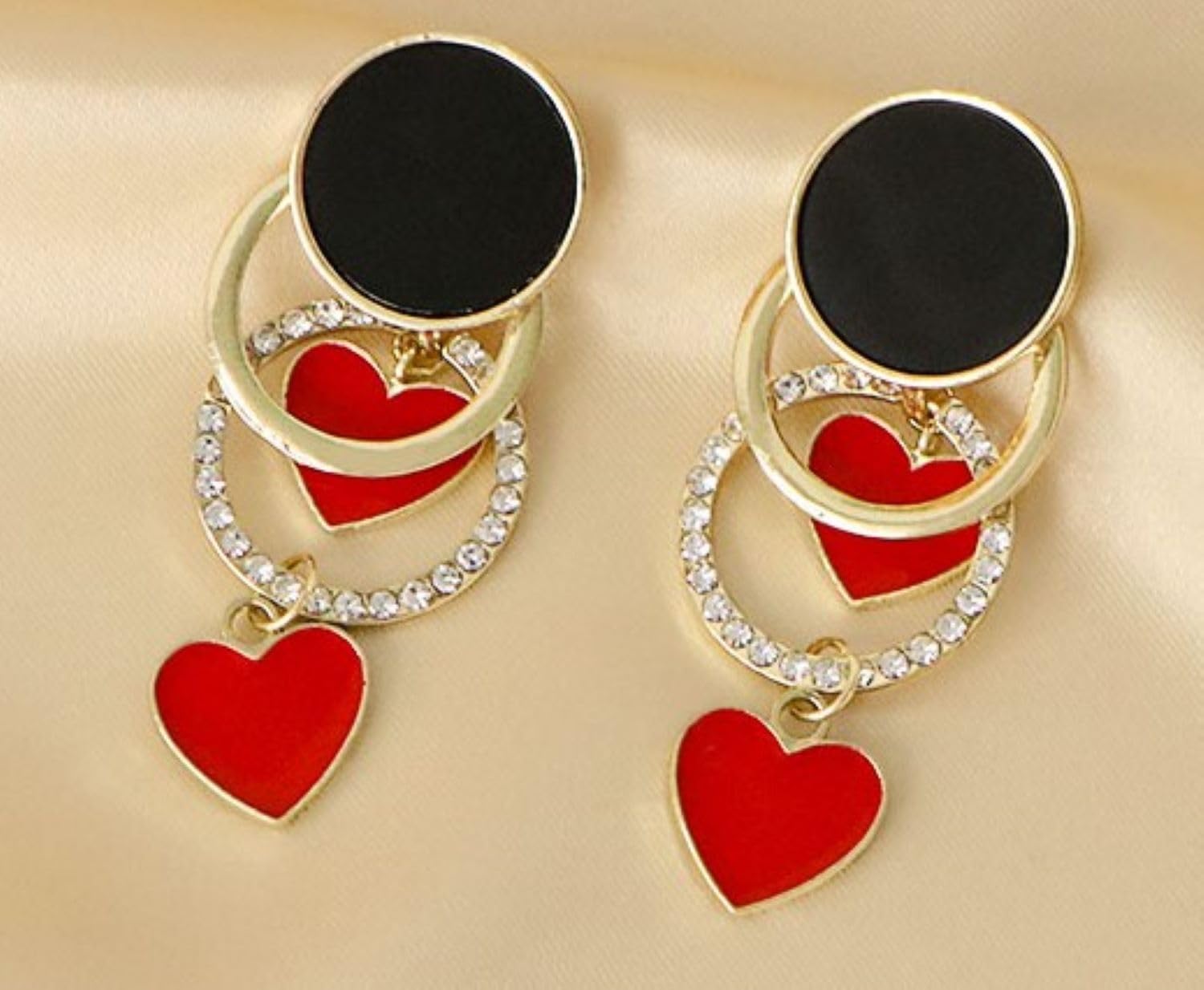 Decent LOOK Trendy Earrings for Women 2024 Black Red Gold Hoop | Triple Circle Diamond Earrings | Chunky Gold Earrings (Pack of 01)