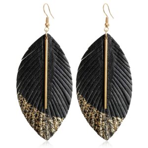 handmade bohemian lightweight soft genuine leather feather leaf dangle drop earring sparkle real leather large leaf hook earrings with simple drop metal bar for women statement jewelry gifts (black color)