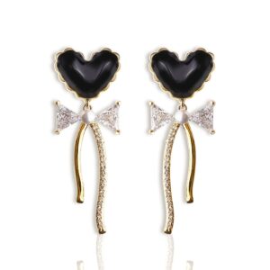 sonateomber black heart bow drop dangle earrings for women - cute trendy sparkly gold cubic zirconia chain valentines jewelry gift