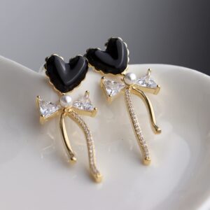 Sonateomber Black Heart Bow Drop Dangle Earrings for Women - Cute Trendy Sparkly Gold Cubic Zirconia chain Valentines Jewelry Gift