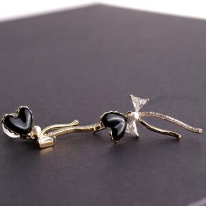 Sonateomber Black Heart Bow Drop Dangle Earrings for Women - Cute Trendy Sparkly Gold Cubic Zirconia chain Valentines Jewelry Gift