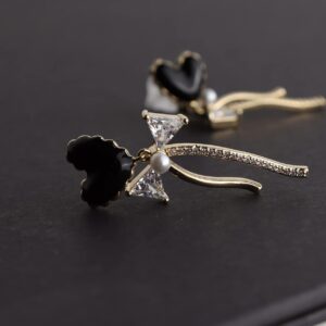 Sonateomber Black Heart Bow Drop Dangle Earrings for Women - Cute Trendy Sparkly Gold Cubic Zirconia chain Valentines Jewelry Gift