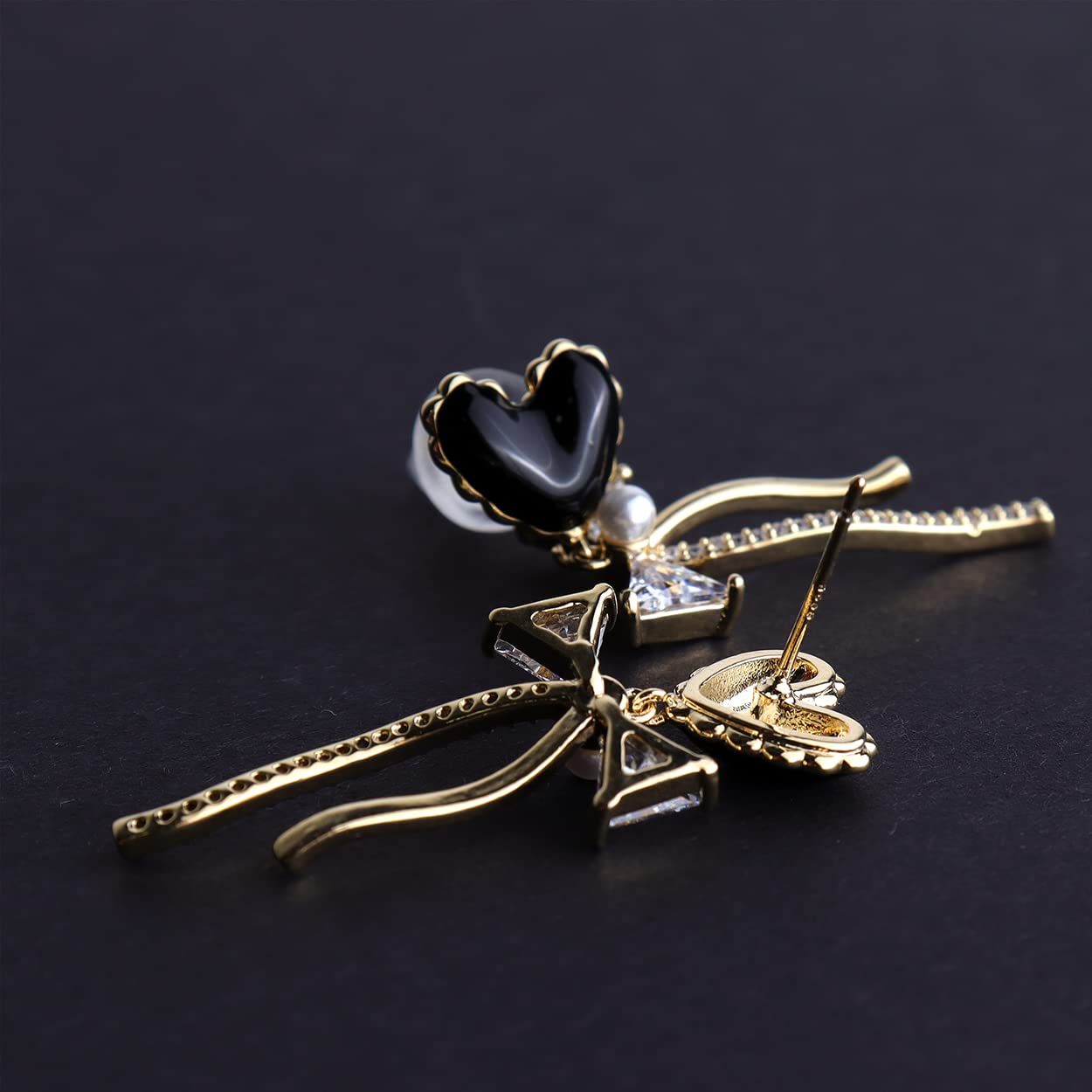 Sonateomber Black Heart Bow Drop Dangle Earrings for Women - Cute Trendy Sparkly Gold Cubic Zirconia chain Valentines Jewelry Gift