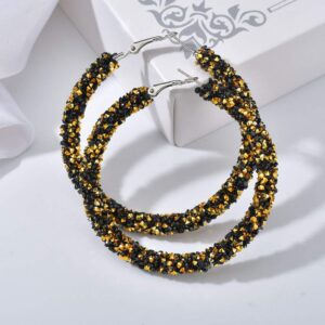 aimimier bridal crystal hoop earrings sparkling rhinestone large round loop earrings crystal paved wedding prom party festival jewelry for women(black and gold)