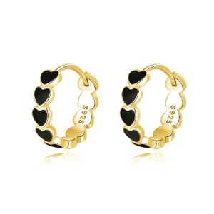 sluynz 925 sterling silver black heart hoop earrings for women minimalist black hoop earrings 1.5cm hoop earrings (b-gold plated)