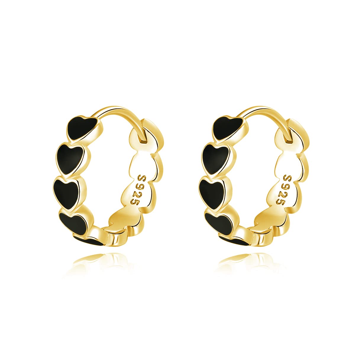 SLUYNZ 925 Sterling Silver Black Heart Hoop Earrings for Women Minimalist Black Hoop Earrings 1.5CM Hoop Earrings (B-Gold Plated)