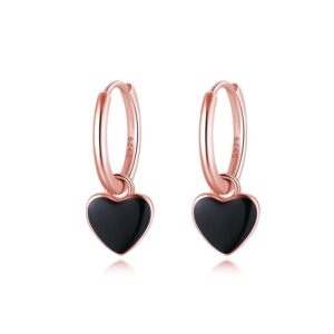 sluynz 925 sterling silver black heart hoop earrings for women 1.4cm heart hoop dangle earrings (c-rose gold)