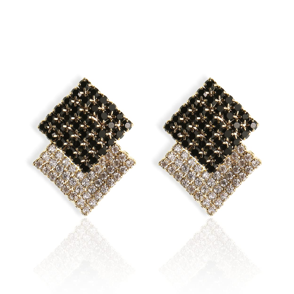 Sonateomber Black Silver Layered Rhombus Statement Stud Earrings for Women - Sparkly Cubic Zirconia Vintage Jewelry Gift