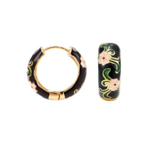 vintage enamel huggie hoop earrings for women delicate enamel round circle hoop earrings trendy flower cz earrings jewelry-black